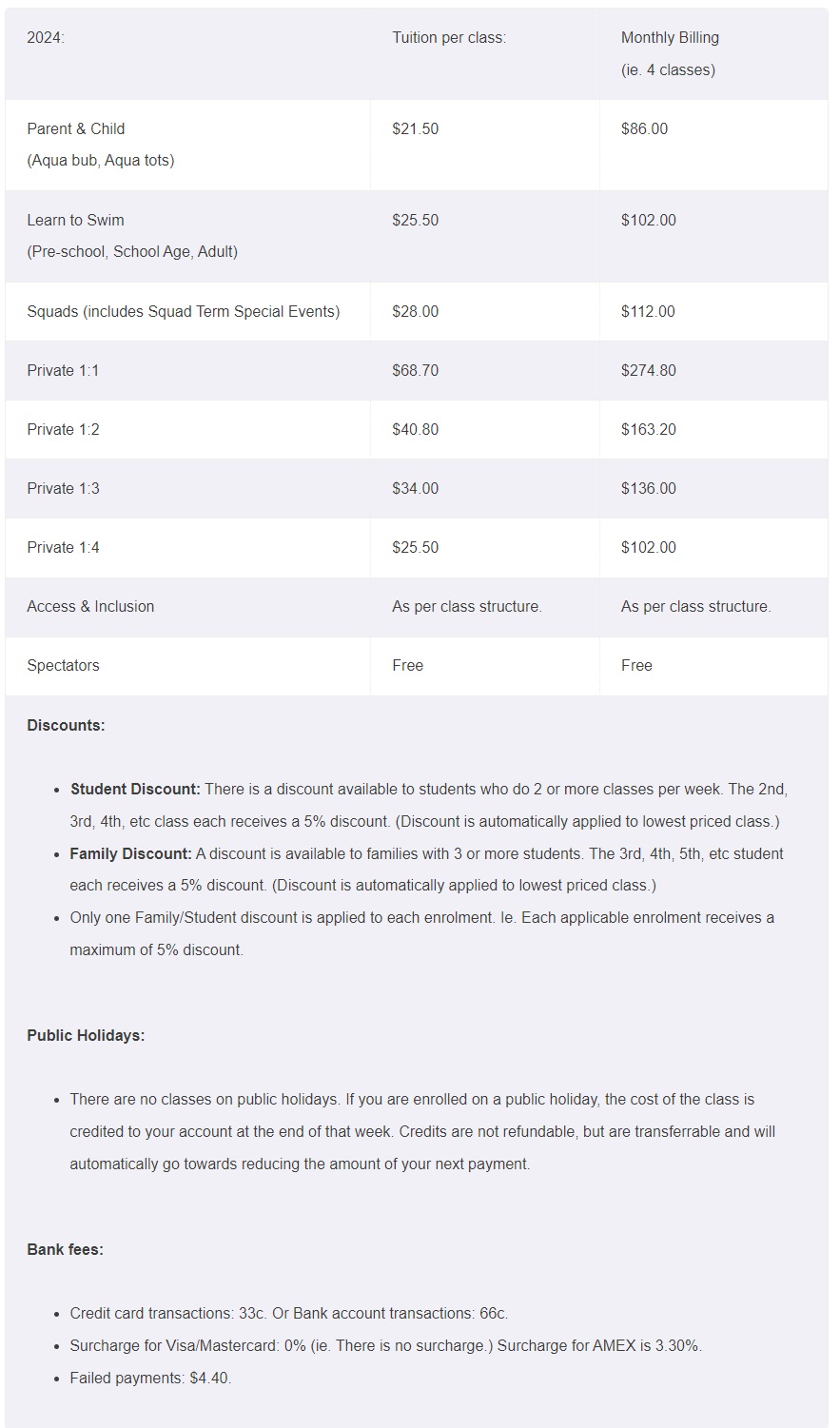Swim School Prices | Healthways Aquatic Centre